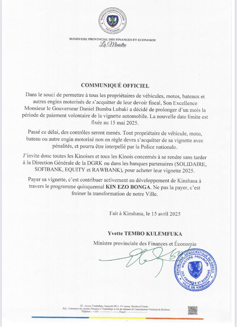 RDC : nouvelle date butoire pour la paie de vignette automobile à ...